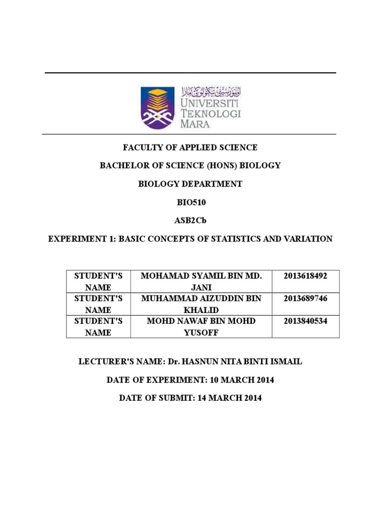 Bio 510 Exp 1 | PDF | Variance | Mean