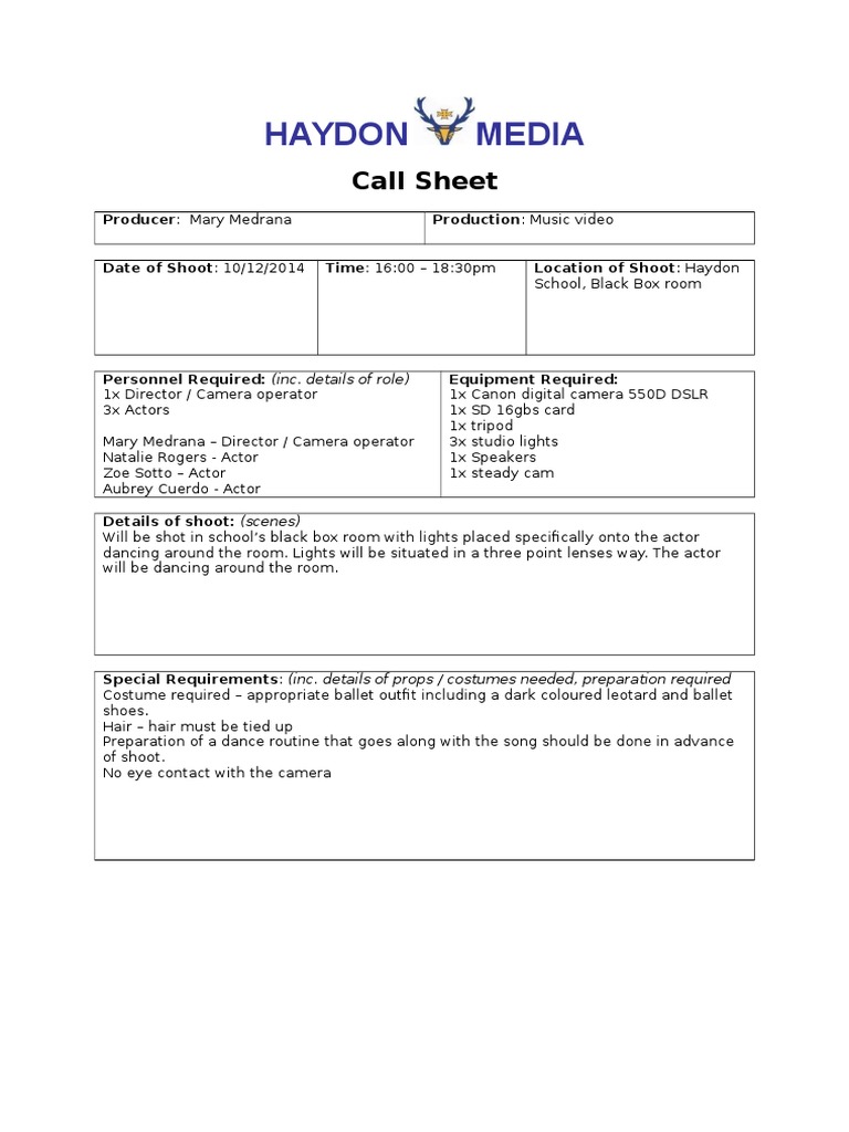 Music Video Call Sheet for Haydon School | PDF