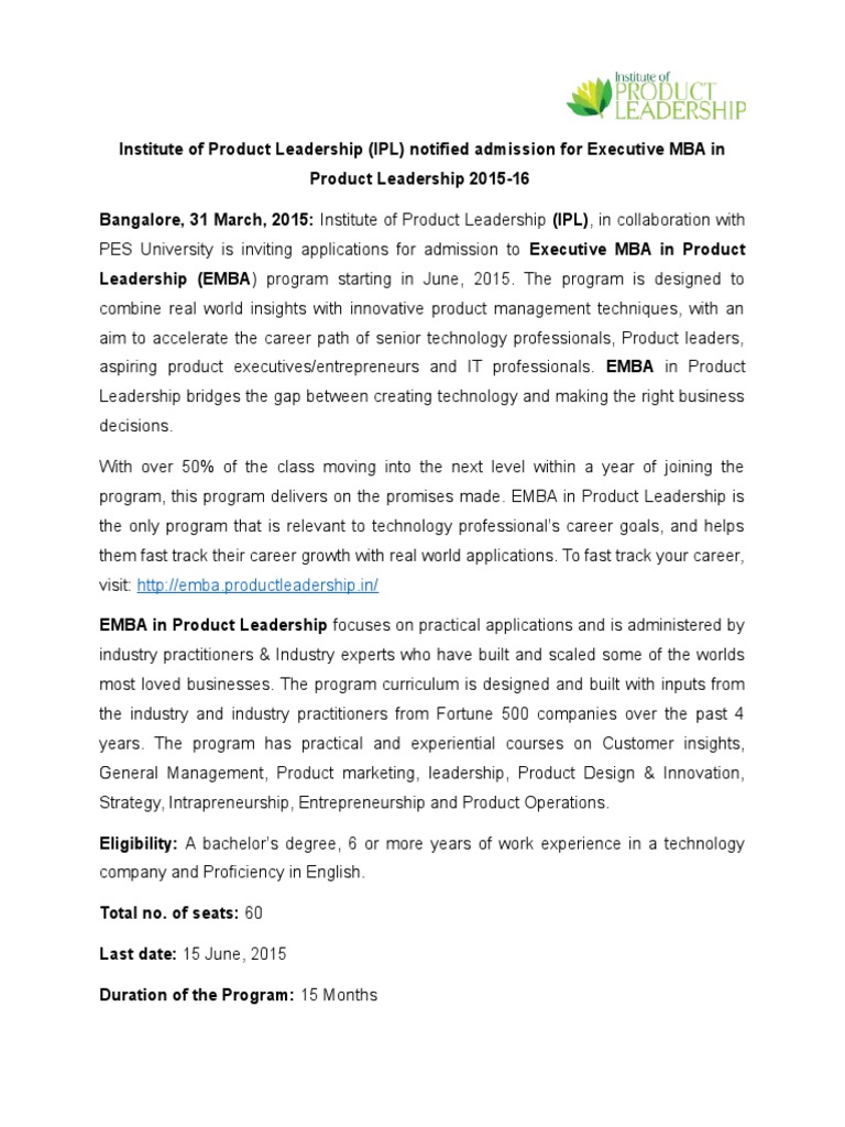 Institute of Product Leadership (IPL) Notified Admission For Executive ...