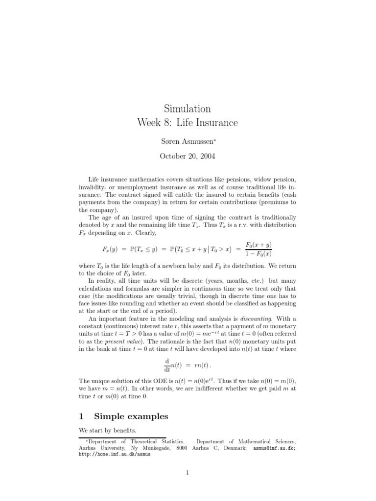 Simulation Week 8: Life Insurance: 1 Simple Examples | PDF | Life ...