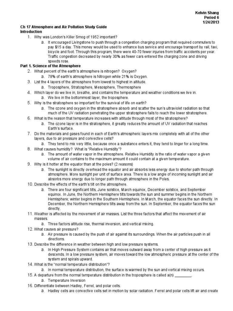 CH 17 Atmosphere Air Pollution Study Guide | PDF | Atmosphere Of Earth ...