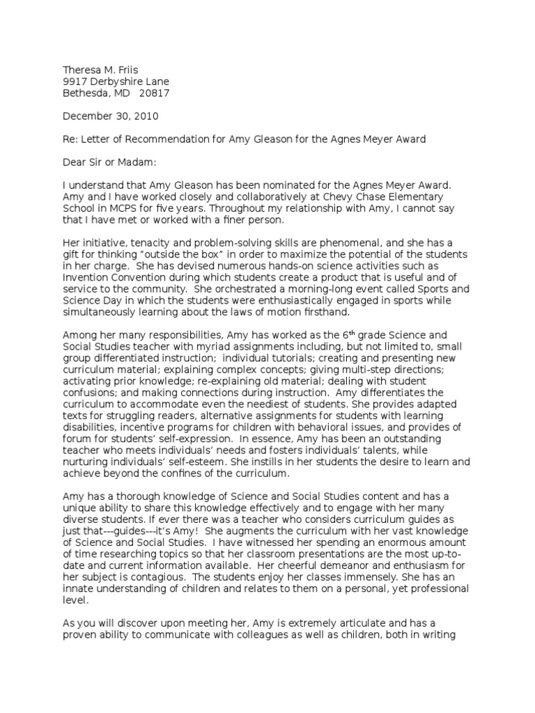 Recommendation for Amy Gleason | PDF | Curriculum | Teachers