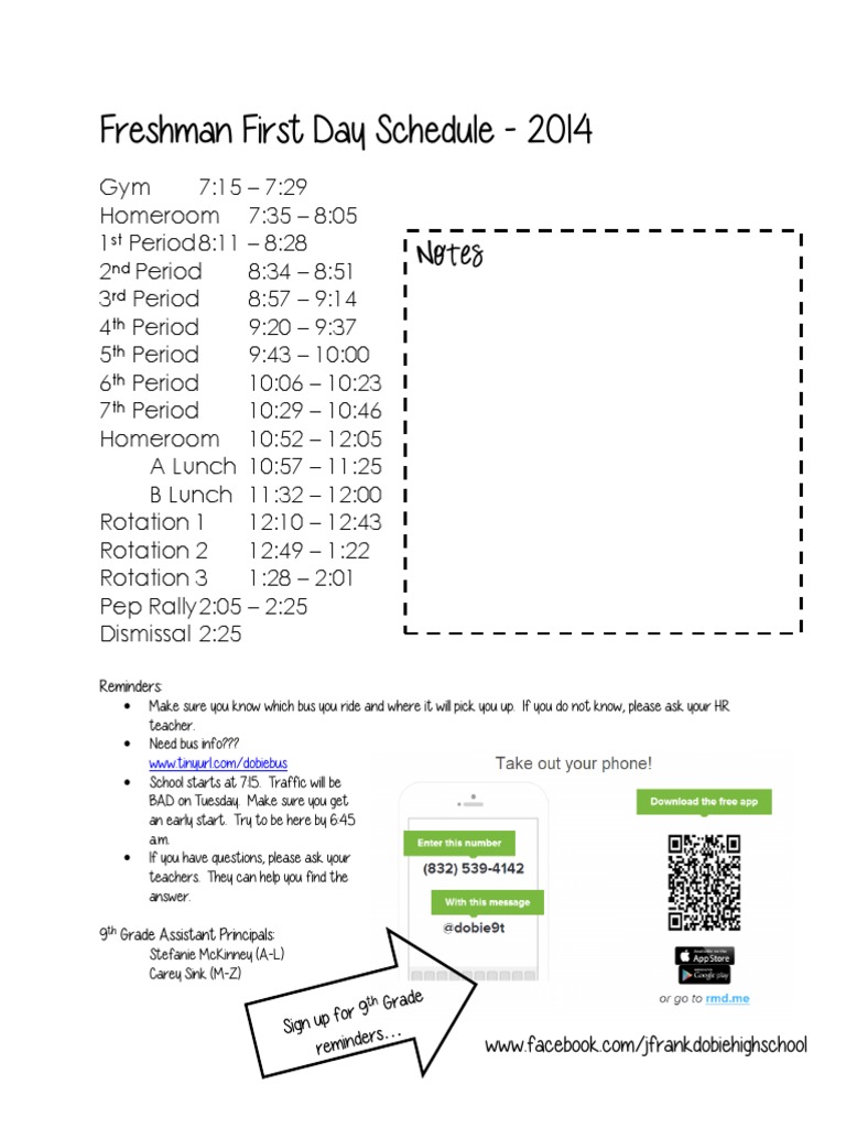 Freshman First Day Schedule 2014 Students | PDF