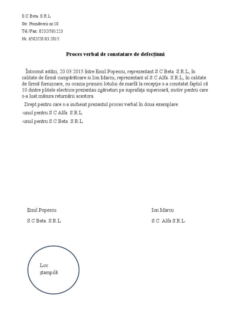 Proces Verbal de Constatare de Defecţiuni | PDF