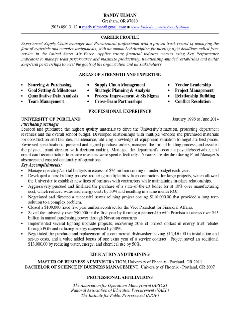 Purchasing Manager Director Supply Chain in Portland OR Resume Randy ...