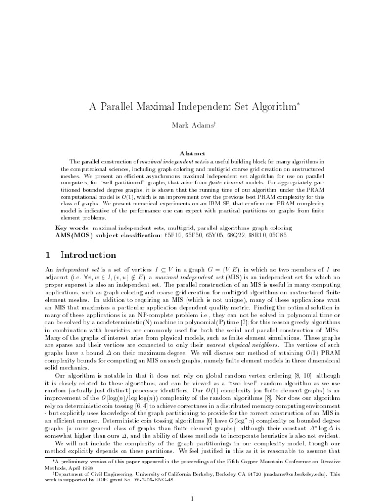 A Parallel Maximal Independent Set Algorithm: Mark Adams | PDF | Computational Complexity Theory ...