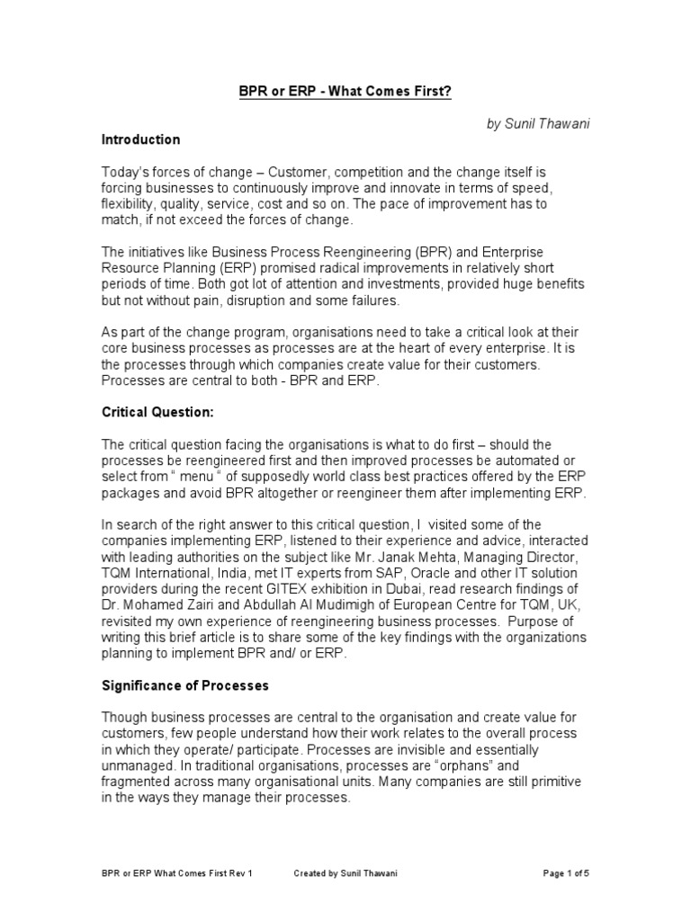 BPR or ERP What Comes First PDF | PDF | Business Process | Enterprise ...