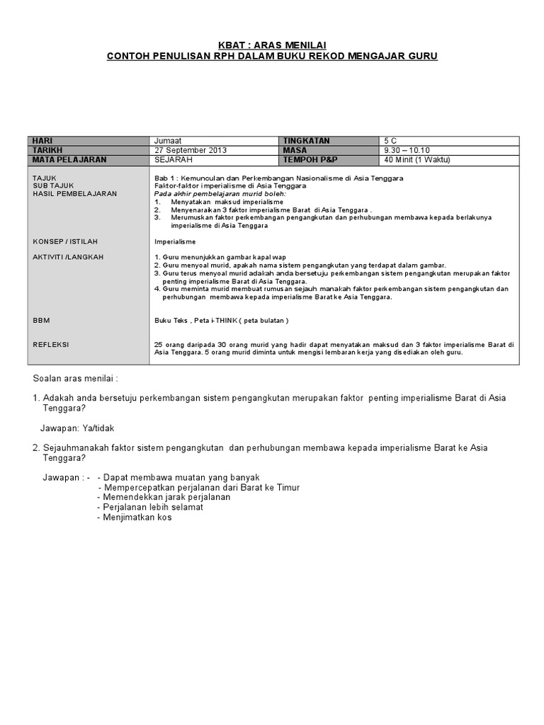 Contoh RPH Kbat | PDF | Sejarah