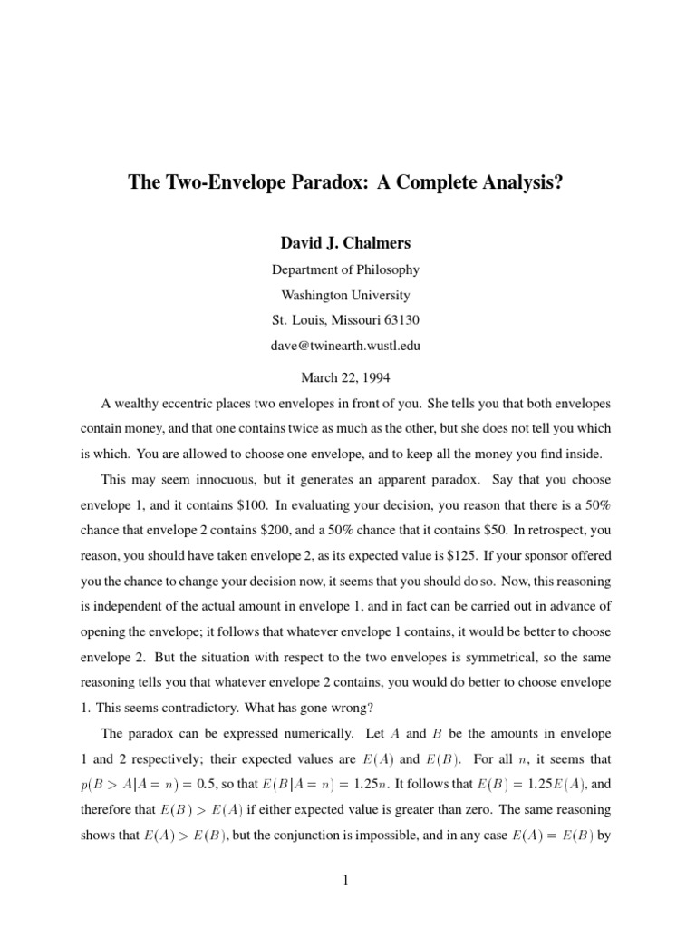 The Two-Envelope Paradox: A Complete Analysis?: David J. Chalmers | PDF ...