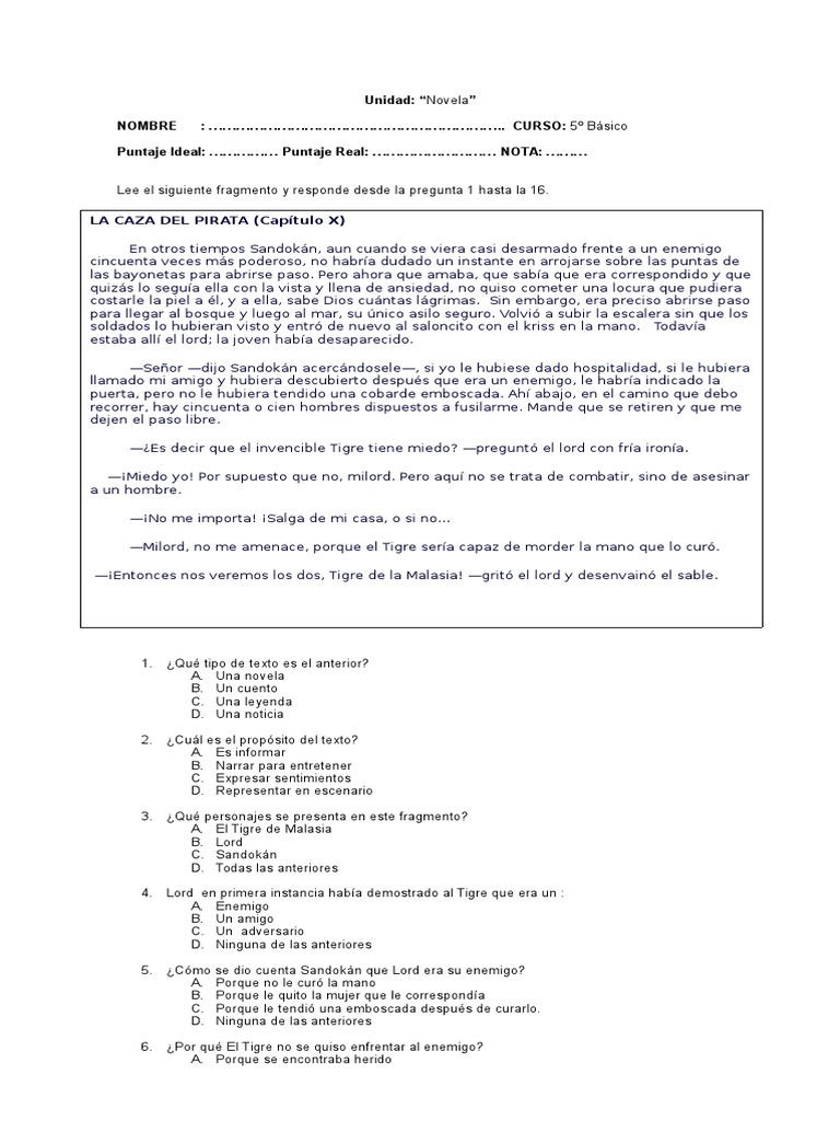 5° Prueba La Novela | PDF