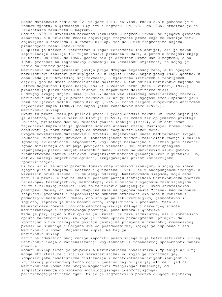 Cvjetko Milanja - Kiklop Kao Roman o Dezintegraciji Romana | PDF