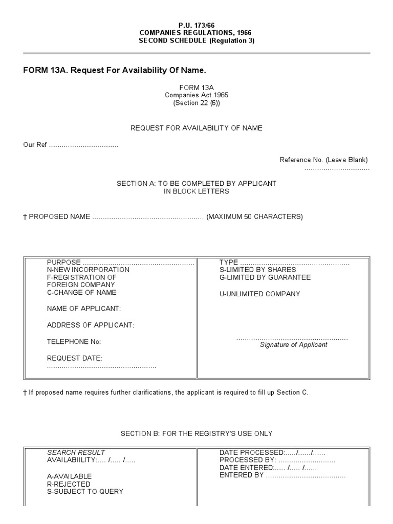 Form 13a. Request For Availability of Name. (Companies Regulations, 1966 - P.U | PDF | Business ...