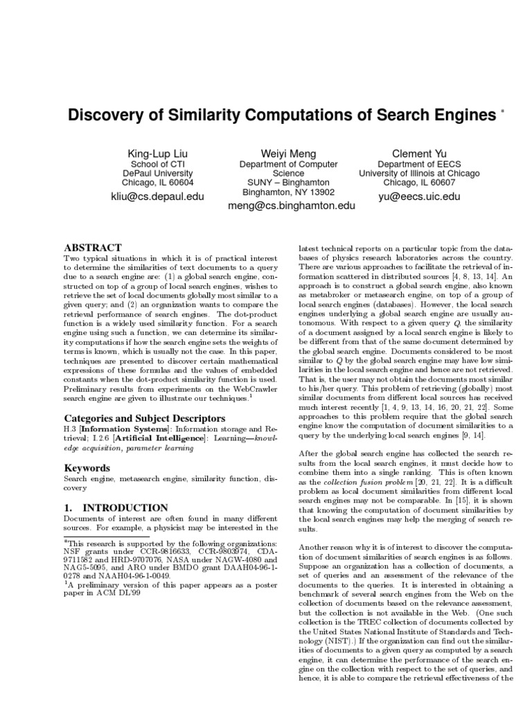 Discovery of Similarity Computations of Search Engines: King-Lup Liu ...