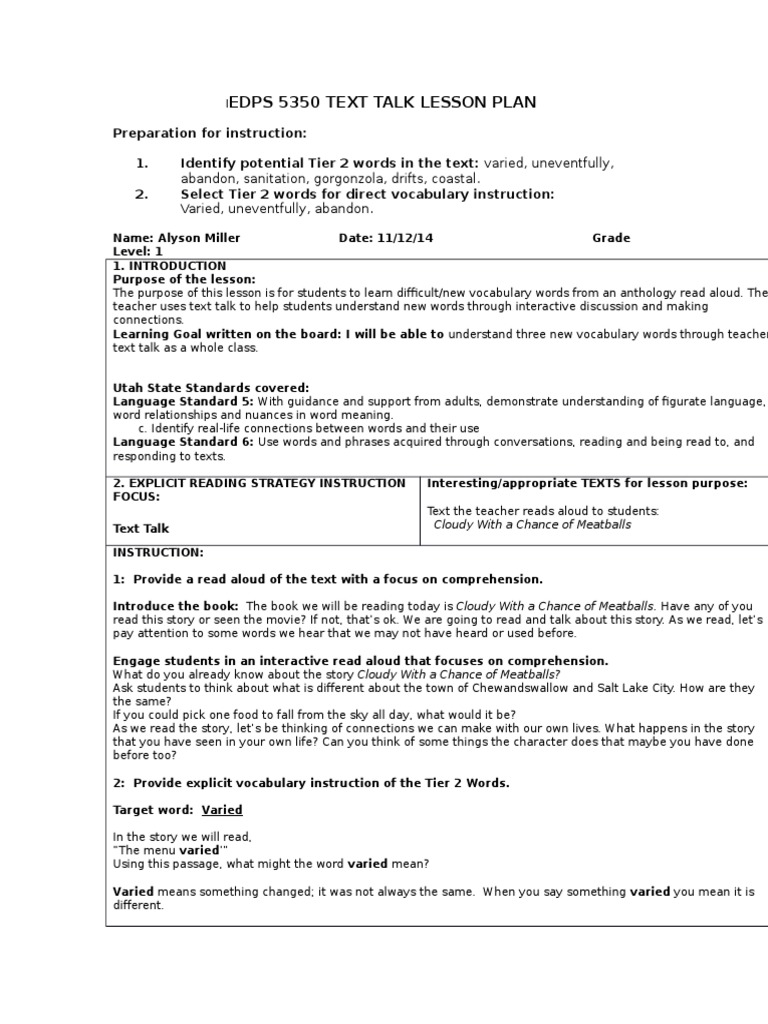 Text Talk Lesson Plan | PDF | Reading Comprehension | Reading (Process)