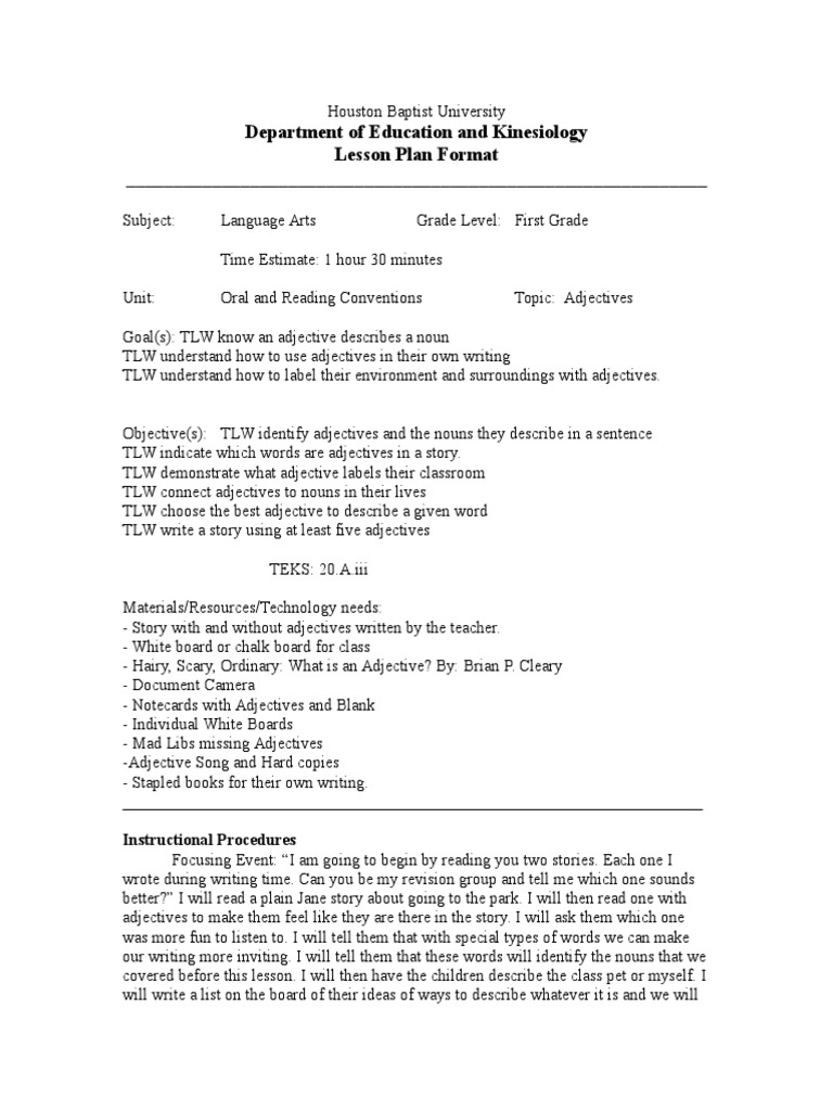 First Grade Adjective Lesson Plan | PDF | Adjective | Noun
