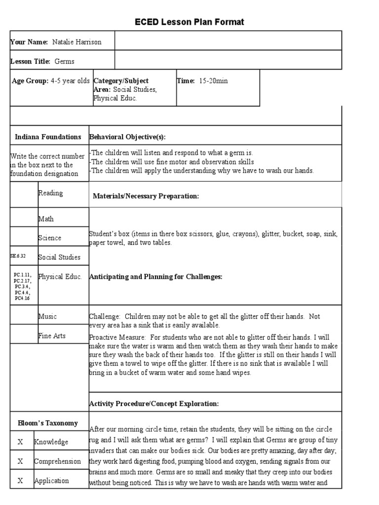 Pre-K Lesson Plan Germs 1 | PDF | Lesson Plan | Mental Processes
