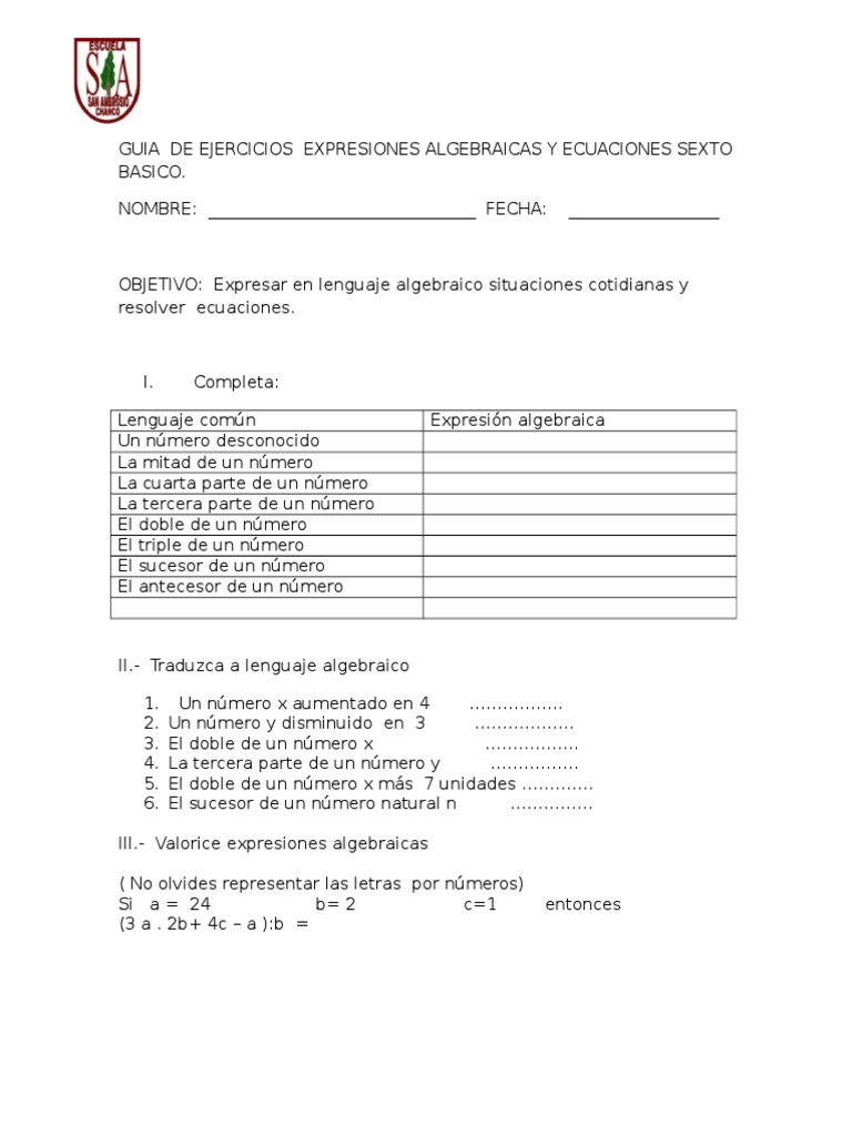Ecuaciones Algebraicas 6to Grado Sexto Expresiones Algebraicas