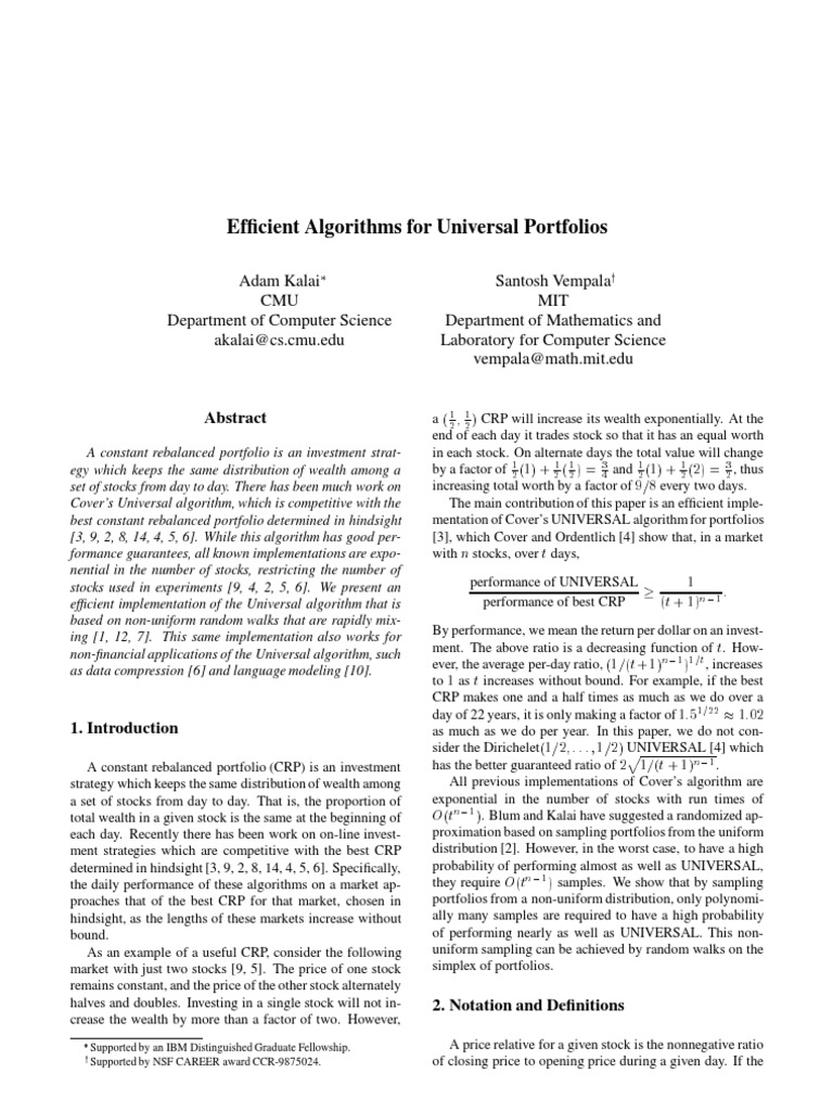Efficient Algorithms For Universal Portfolios | PDF | Probability ...