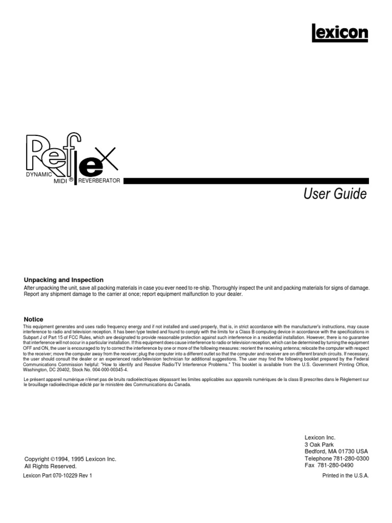 Lexicon Reflex User Guide/Manual | PDF | Synthesizer | Electromagnetic Interference