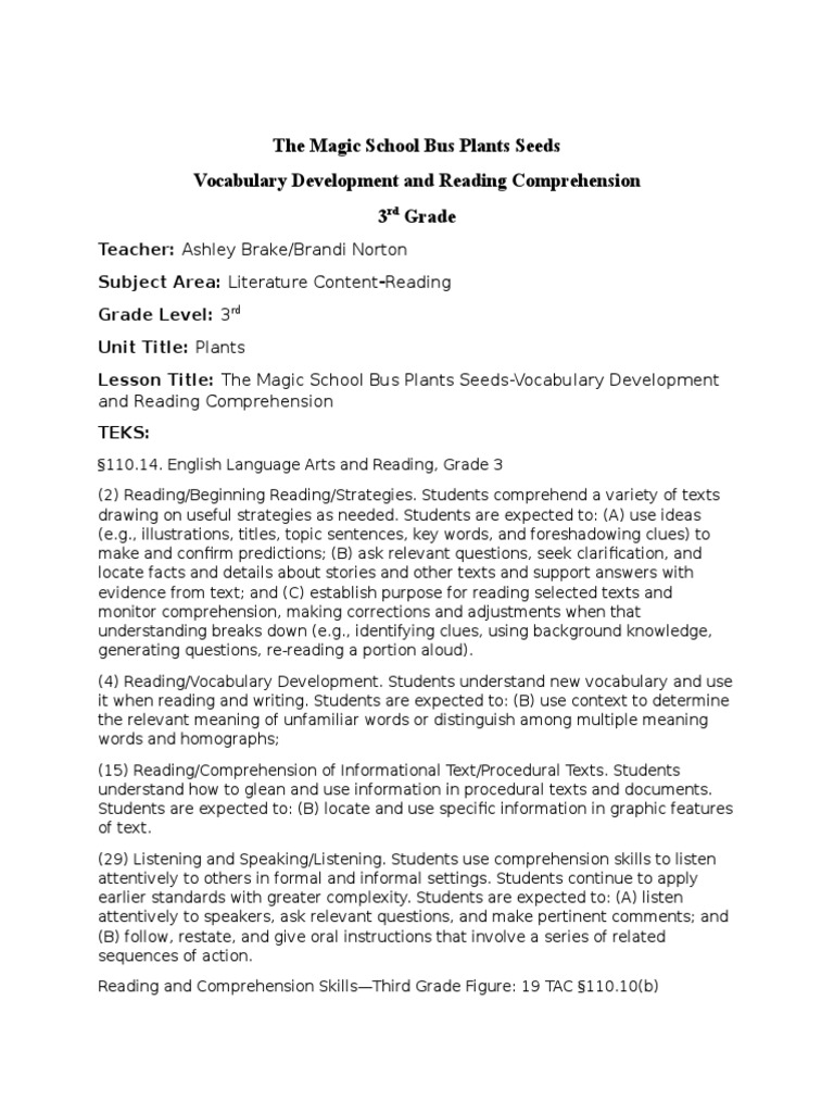 Plant Lesson-The Magic School Bus Plants Seeds | PDF | Reading ...