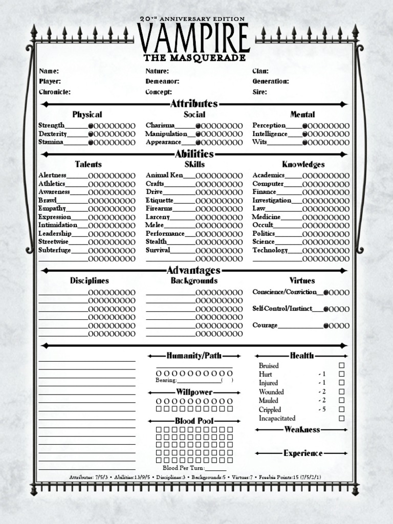 V20 Character Sheet Pdf Leisure