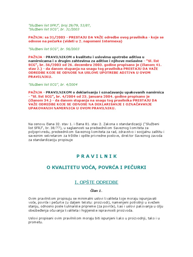 PRavilnik o Kvalitetu Voca, Povrca | PDF