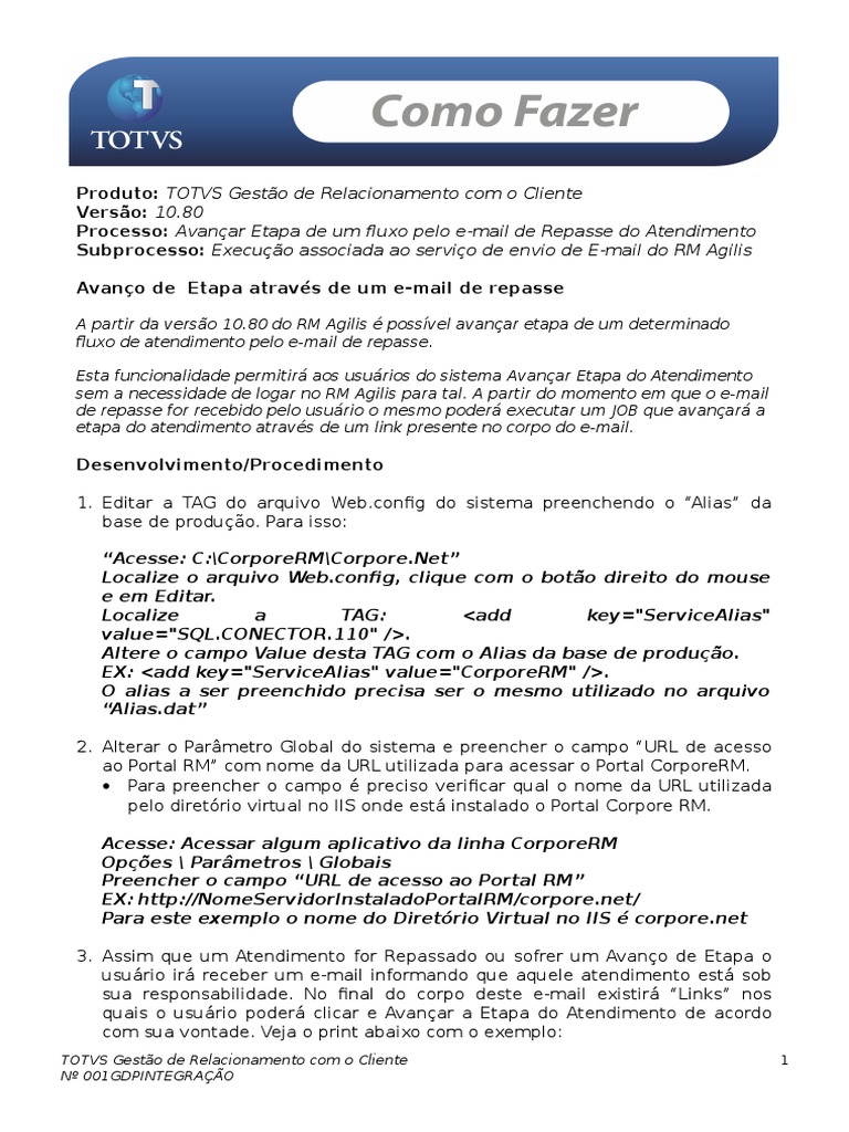Como Fazer - Avanço de Etapas Via Email de Repasse RM Agilis | PDF | E ...