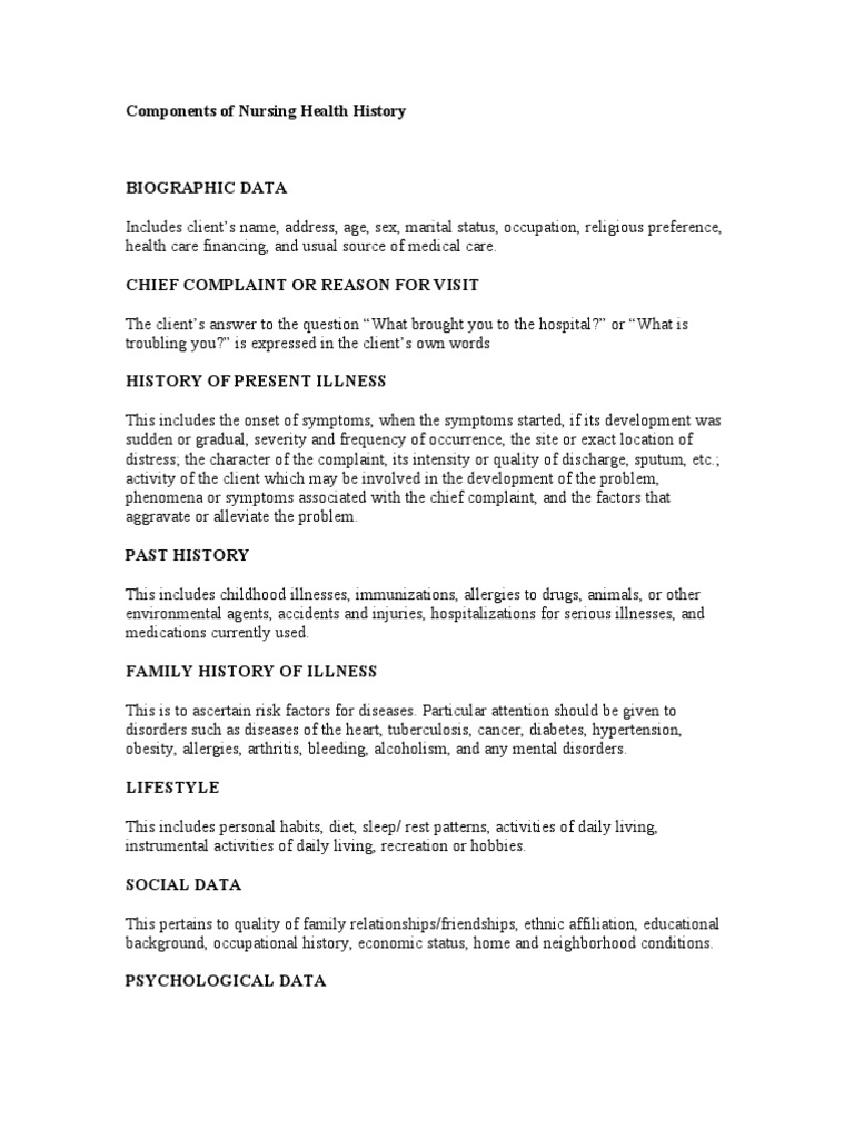 Nursing Health History Components | PDF | Health Sciences | Epidemiology