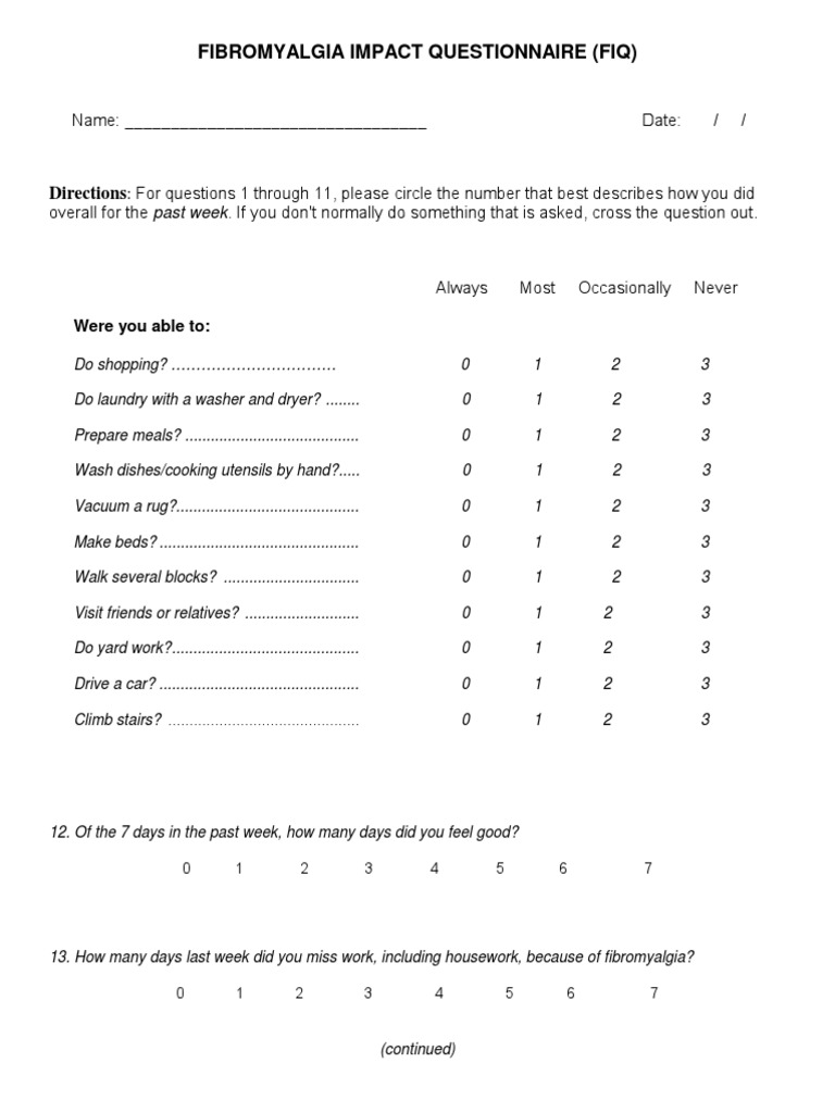 Fibromyalgia Impact Questionnaire (Fiq) : Directions | PDF | Likert ...