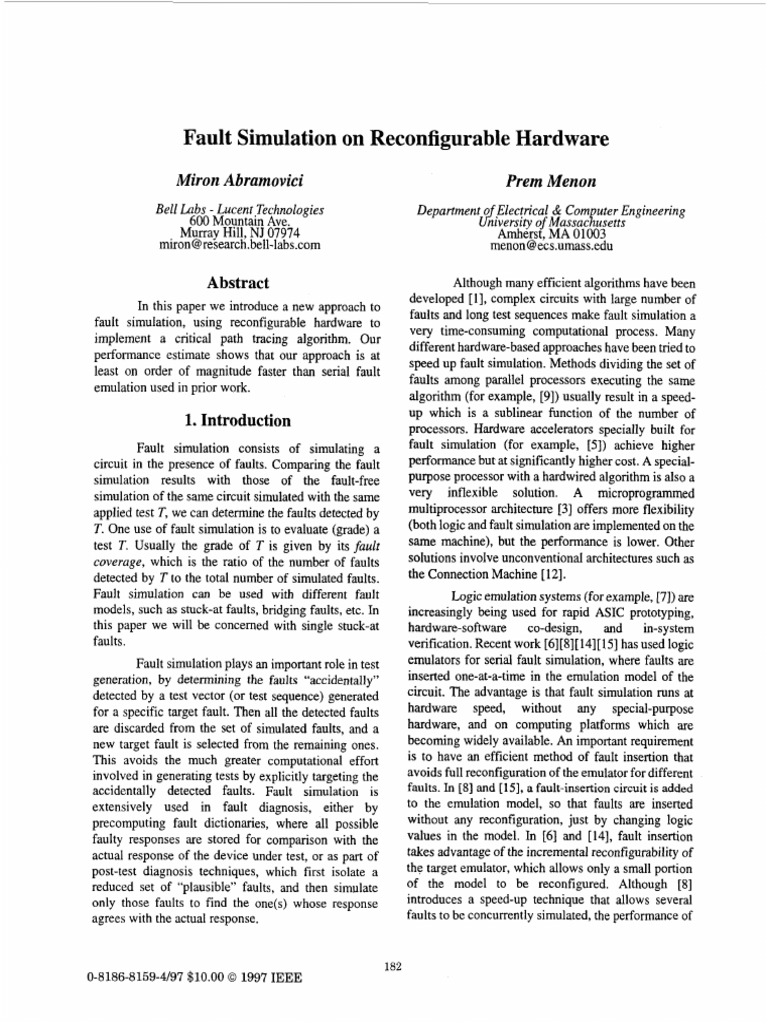 Fault Simulation On Reconfigurable Hardware Miron Abramovici Prem Menon Download Free Pdf