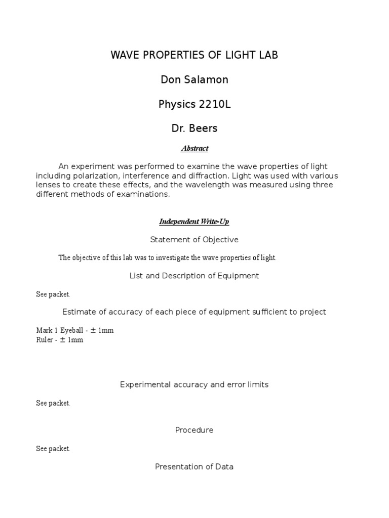 Wave Properties of Light Lab Don Salamon Physics 2210L Dr. Beers | PDF