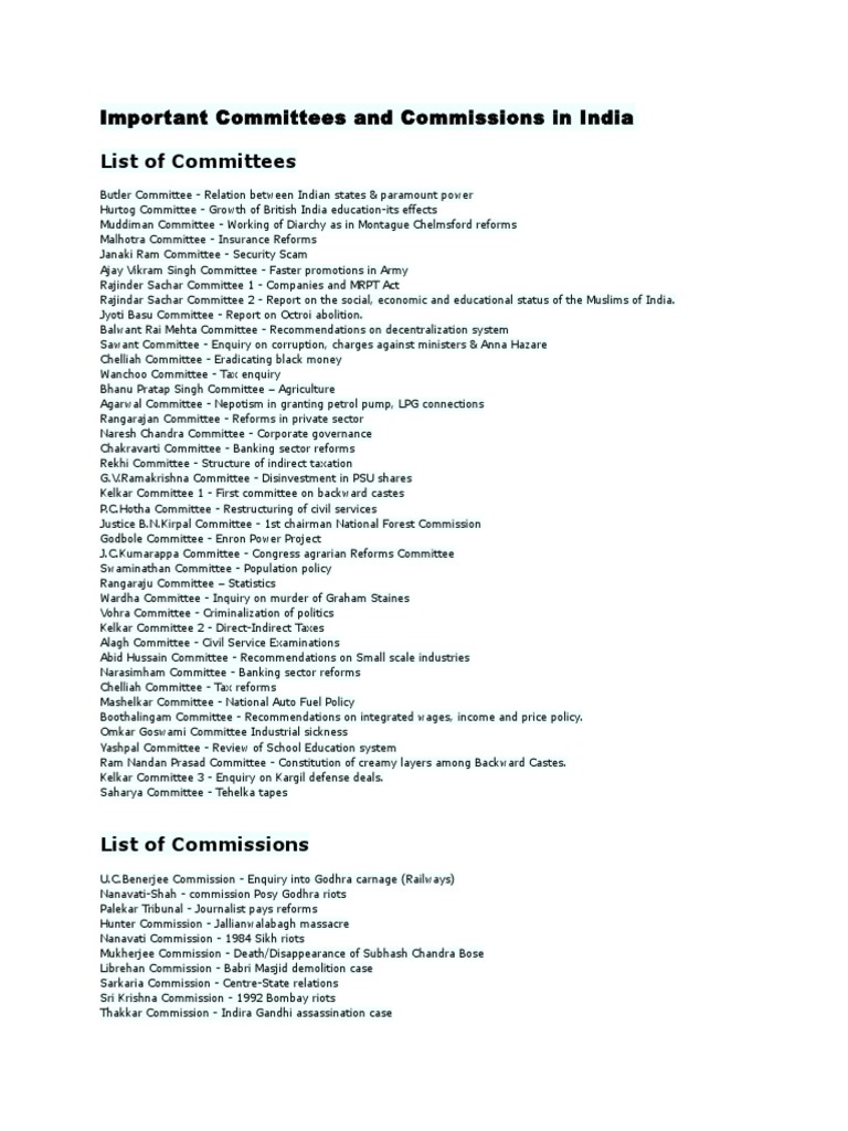 Important Committees and Commissions in India | PDF | Government Of ...