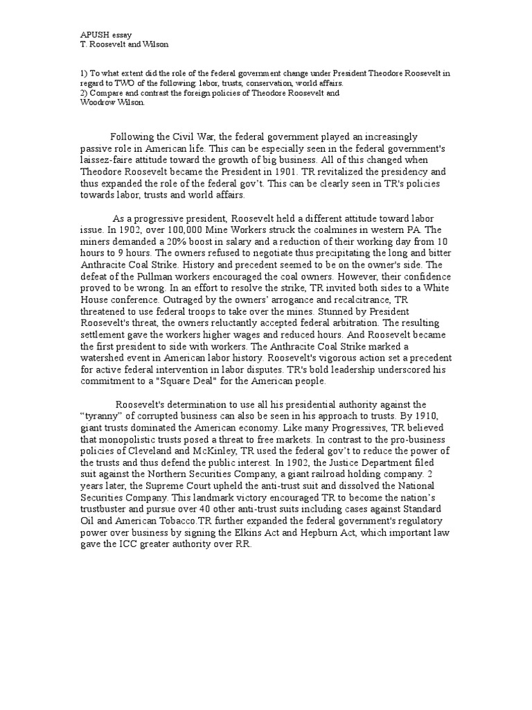 APUSH Essay T. Roosevelt and Wilson | PDF | Theodore Roosevelt | Panama ...
