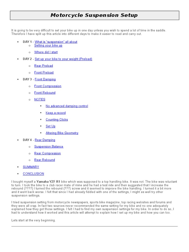 Motorcycle Suspension Setup | PDF | Suspension (Vehicle) | Motorcycle