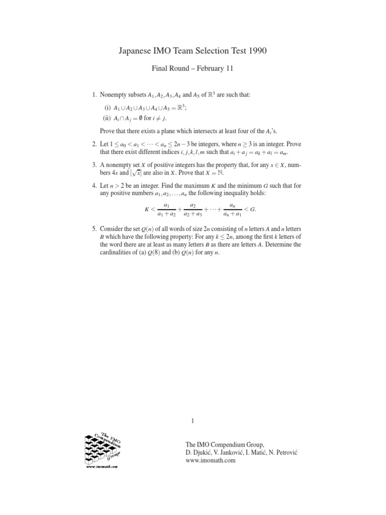 IMO Team Selection Test 1990 Problems | PDF