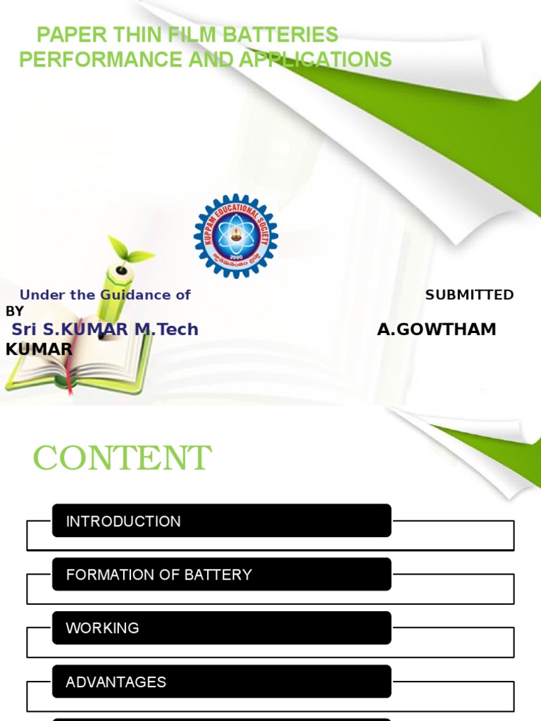 Paper Thin Film Batteries Performance and Applications: Sri S.KUMAR M ...