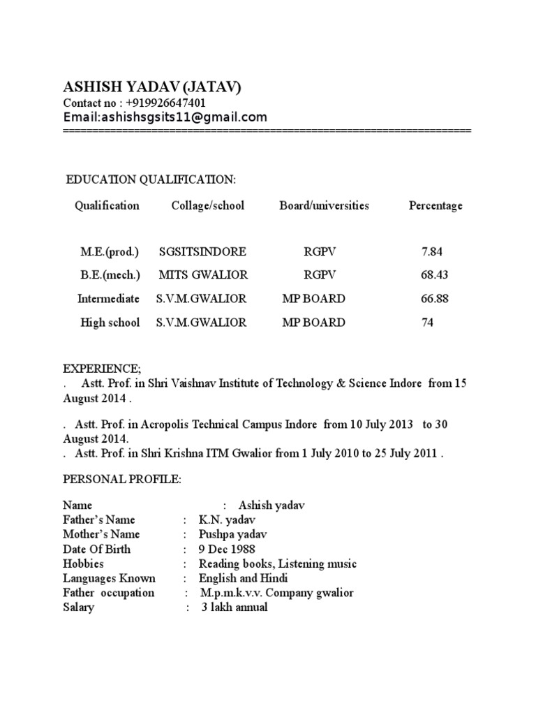 Ashish J Biodata | PDF