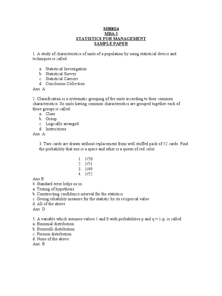 MB0024 Mba-I Statistics For Management Sample Paper | PDF | Mode ...