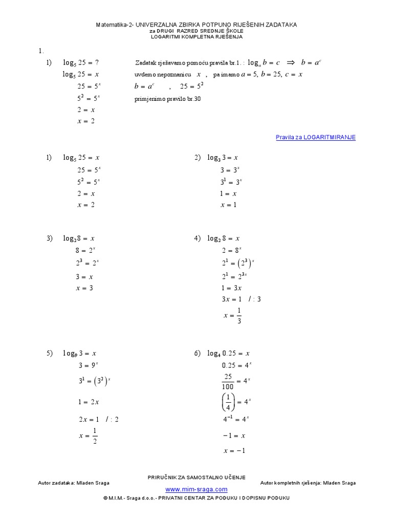 Logaritmi Zadaci Rjesenja 1 | PDF