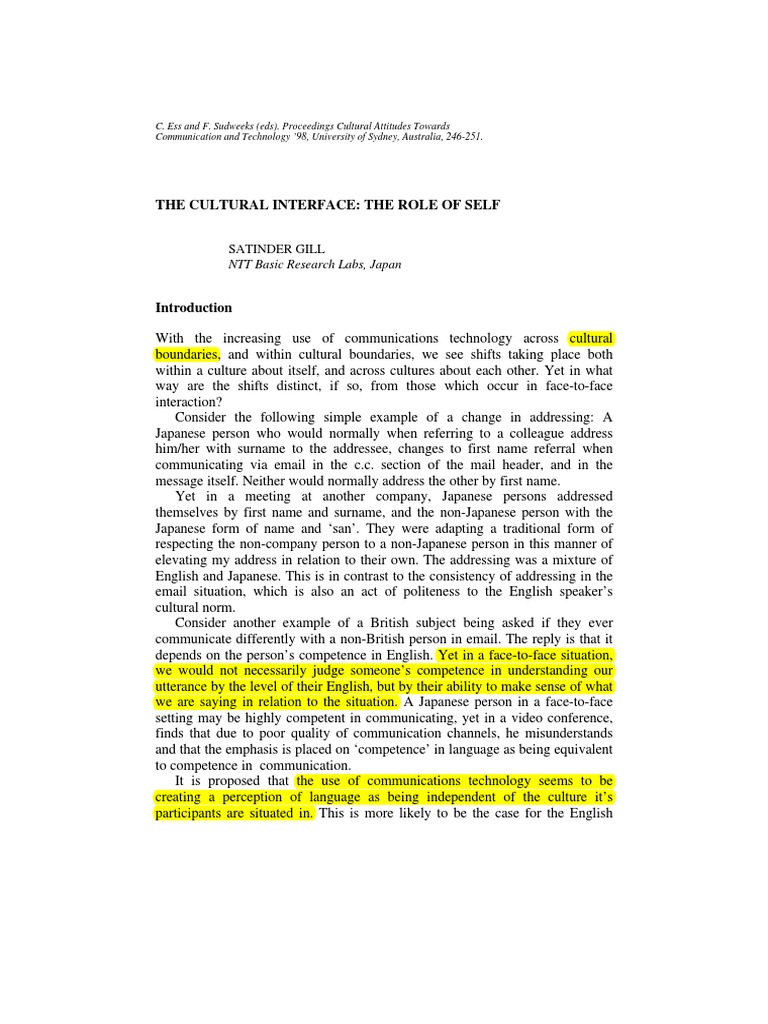 The Cultural Interface: The Role of Self: Satinder Gill | PDF | Self ...