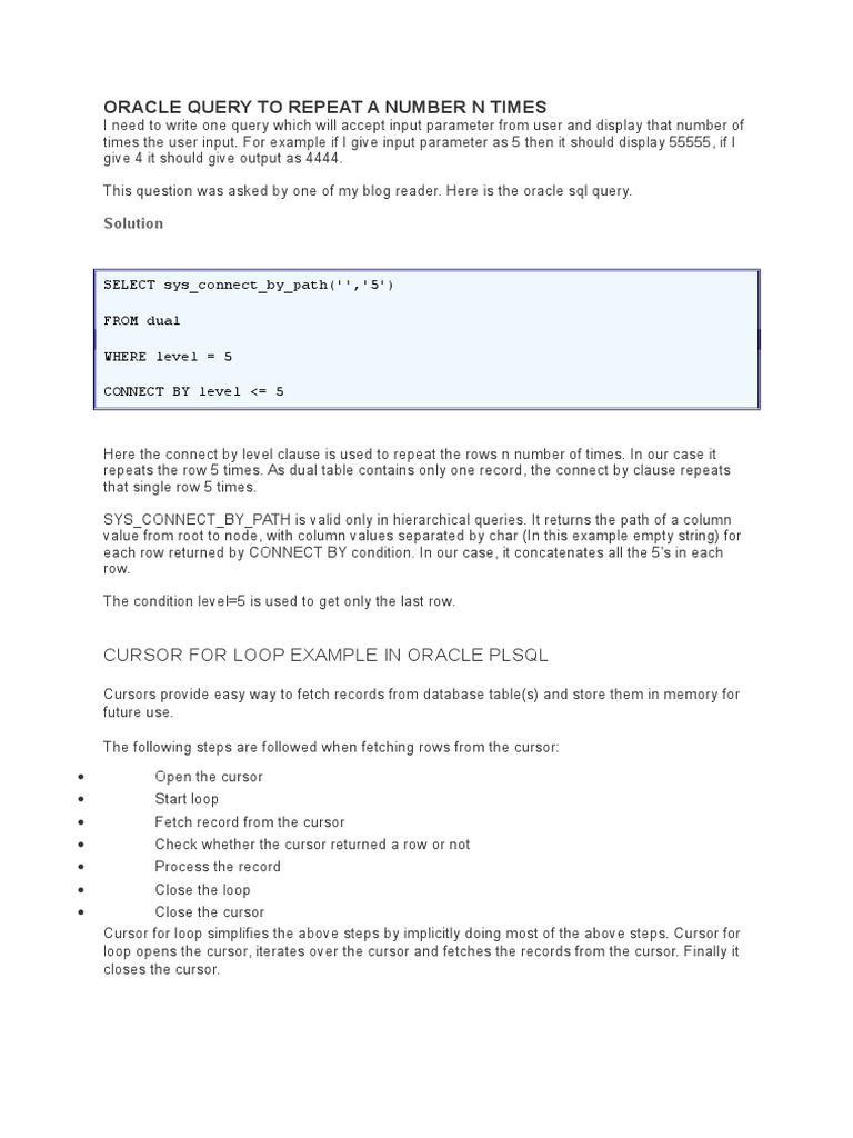 Oracle Query To Repeat A Number N Times Pdf Sql Plsql 