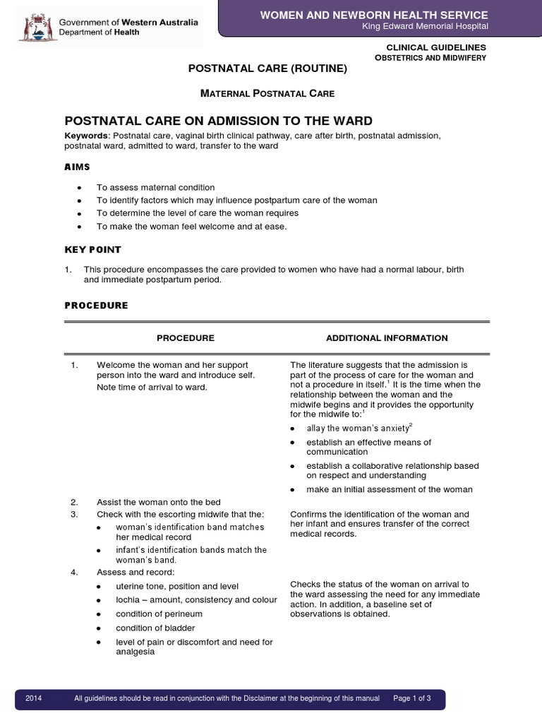 Postnatal - Care On Admission To The Ward PDF | PDF | Postpartum Period ...