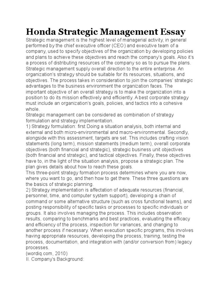 Honda Strategic Management Essay | PDF | Honda | Strategic Management