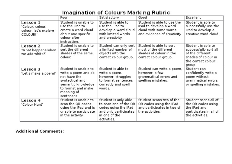 Student Colour Exploration Rubric | PDF | Language Arts & Discipline