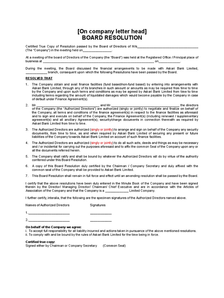 Board Resolution | PDF | Board Of Directors | Business Law