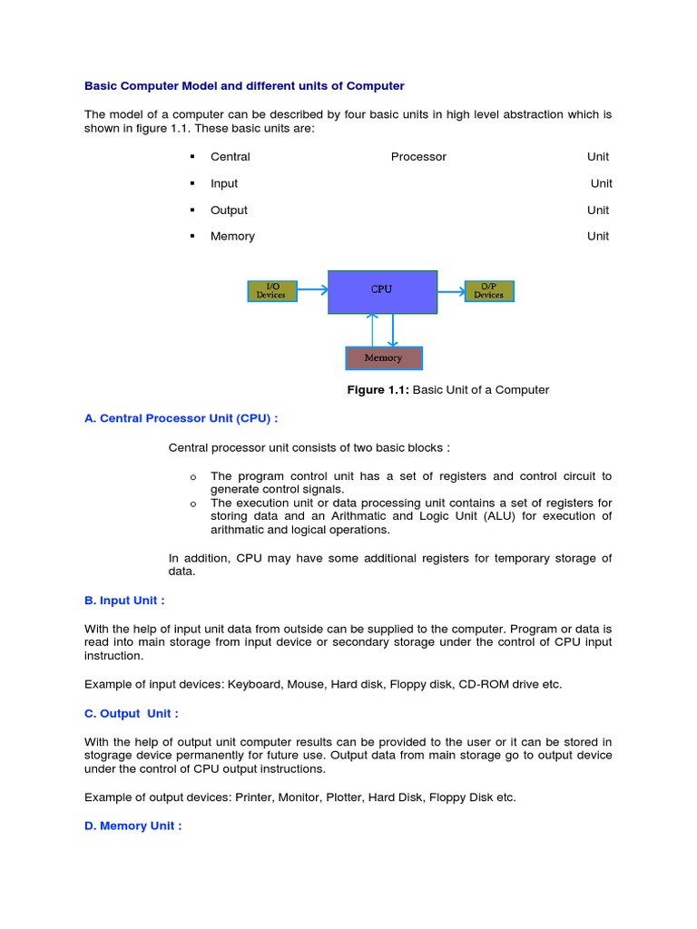 Basic Computer Model And Different Units Of Computer 1 Pdf Computer