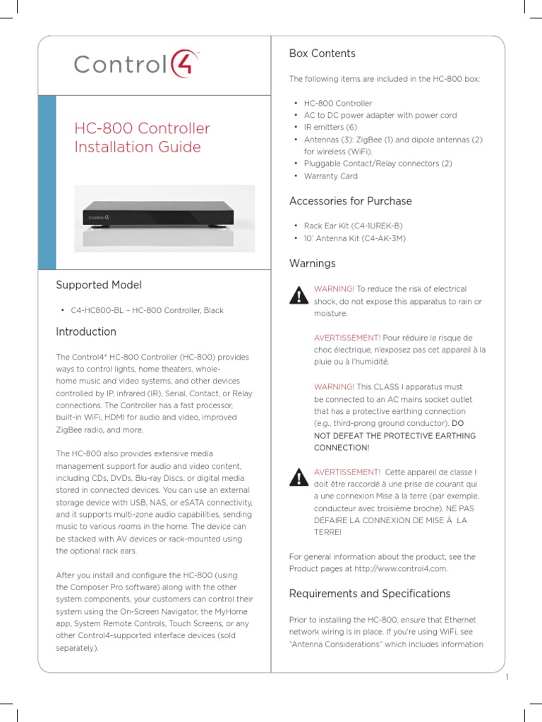 Control4 HC-800 Installation Guide | PDF | Usb | Electrical Connector