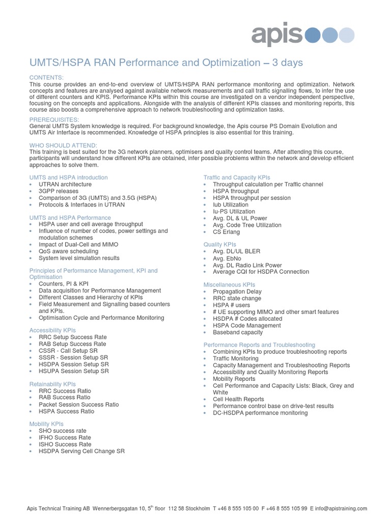 UMTS/HSPA RAN Performance and Optimization - 3 Days: Apis Technical ...