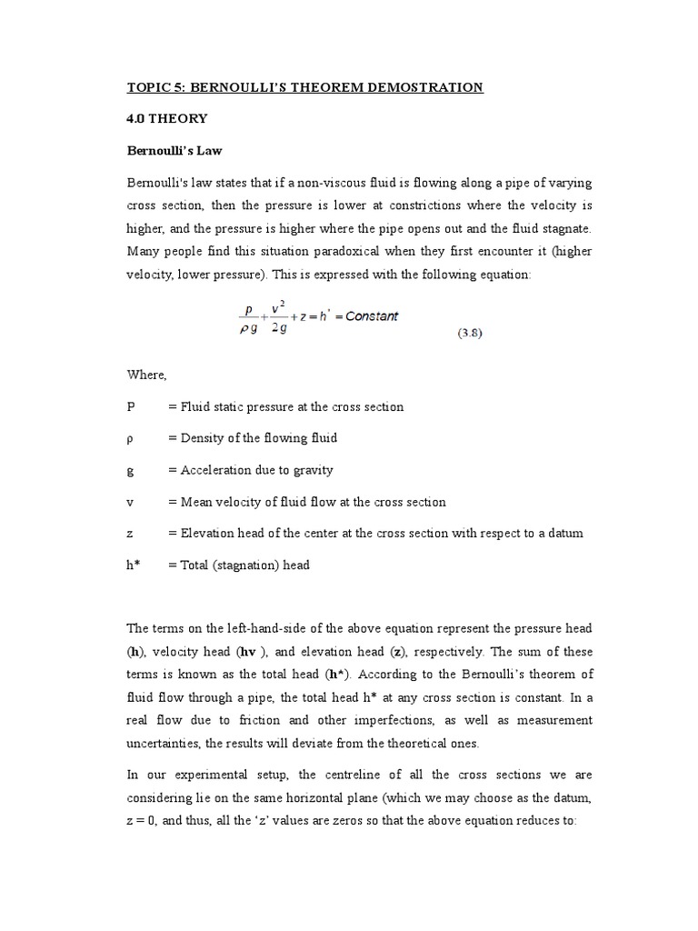 Bernoulli's Theorem Demonstration Lab Report | PDF | Pressure | Flow ...