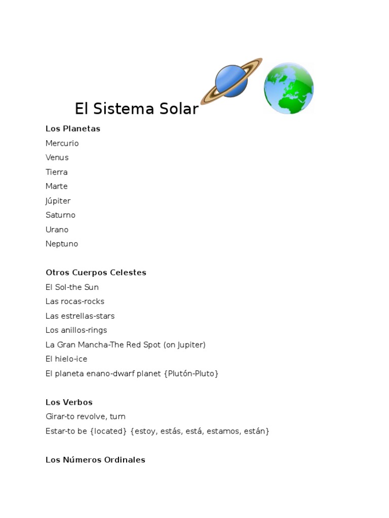 El Sistema Solar Vocabulary | PDF